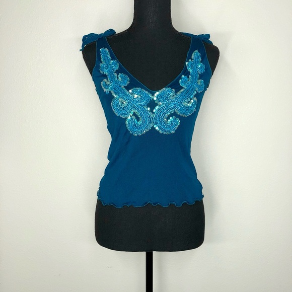 Marciano | Tops | Marciano Teal Blue Sheer Cropped Mesh Top With Beads ...